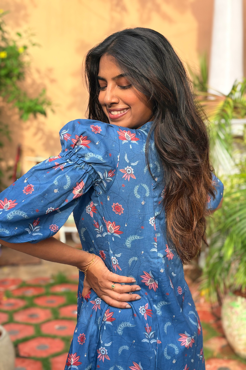Raahi Printed Blue Dress – Saaki