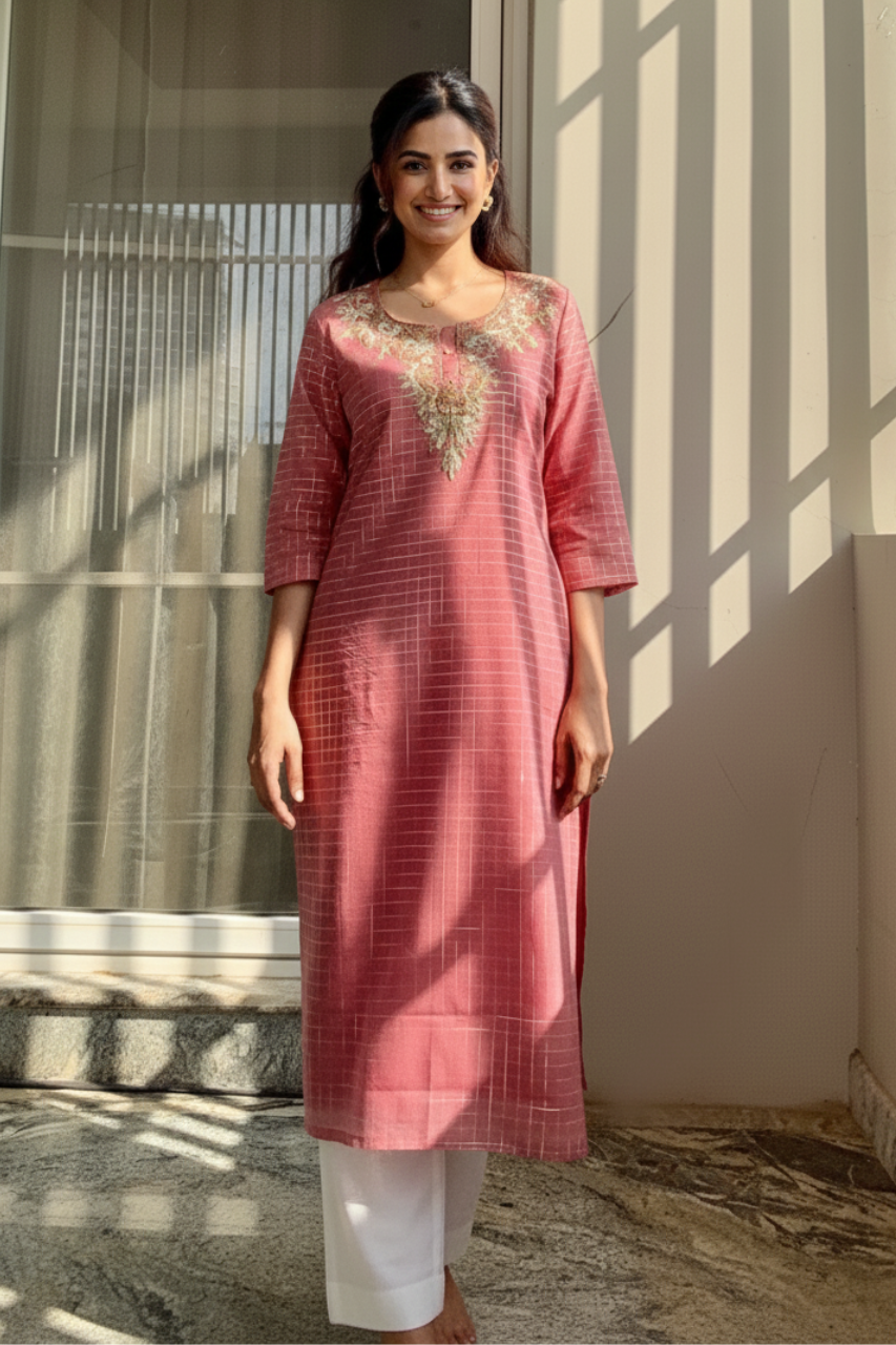 Autumn Yearn Pink Embroidered Kurta – Saaki